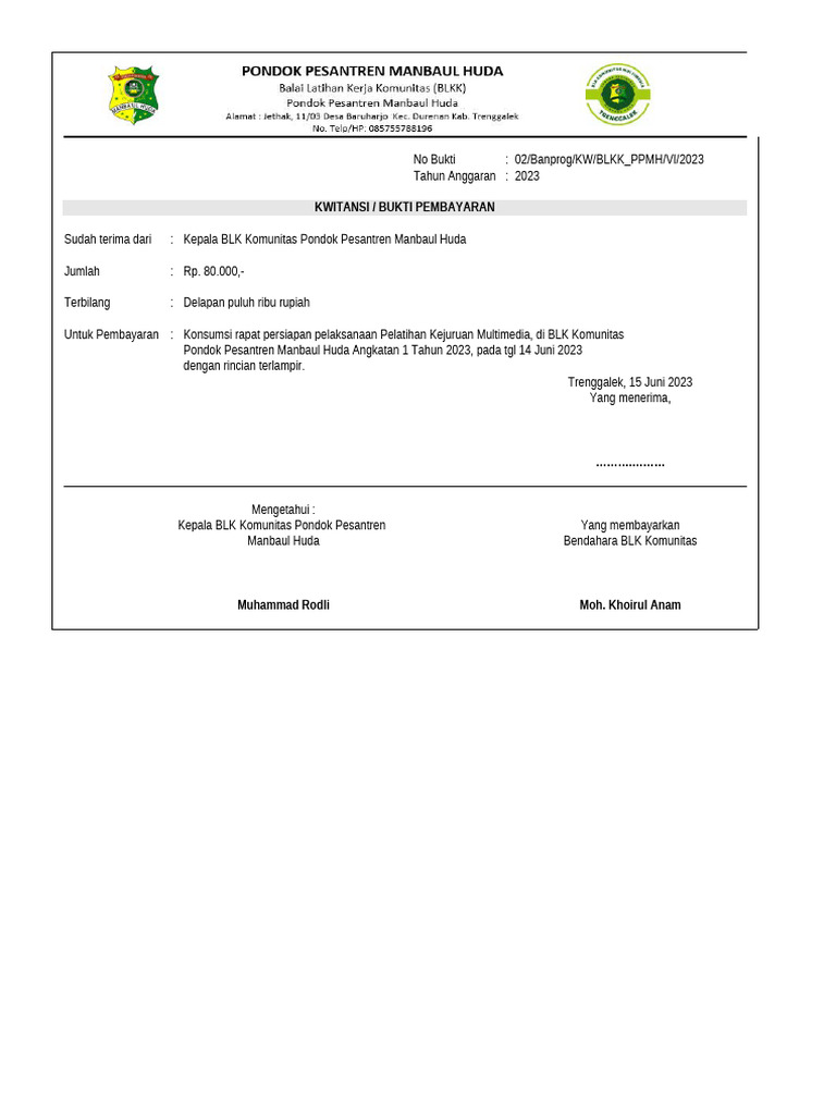 Contoh Adm. Pelatihan & Kwitansi LPJ PPMH Tahun 2023 | PDF