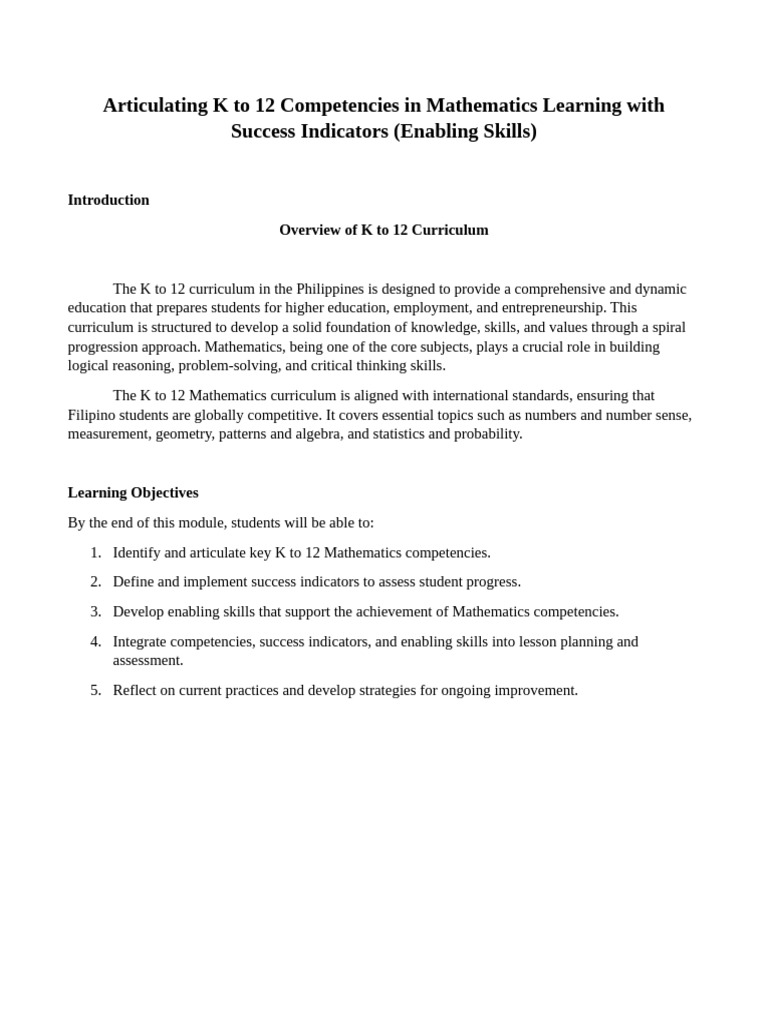 Articulating K To 12 Competencies in Mathematics Learning With Success Indicators | PDF