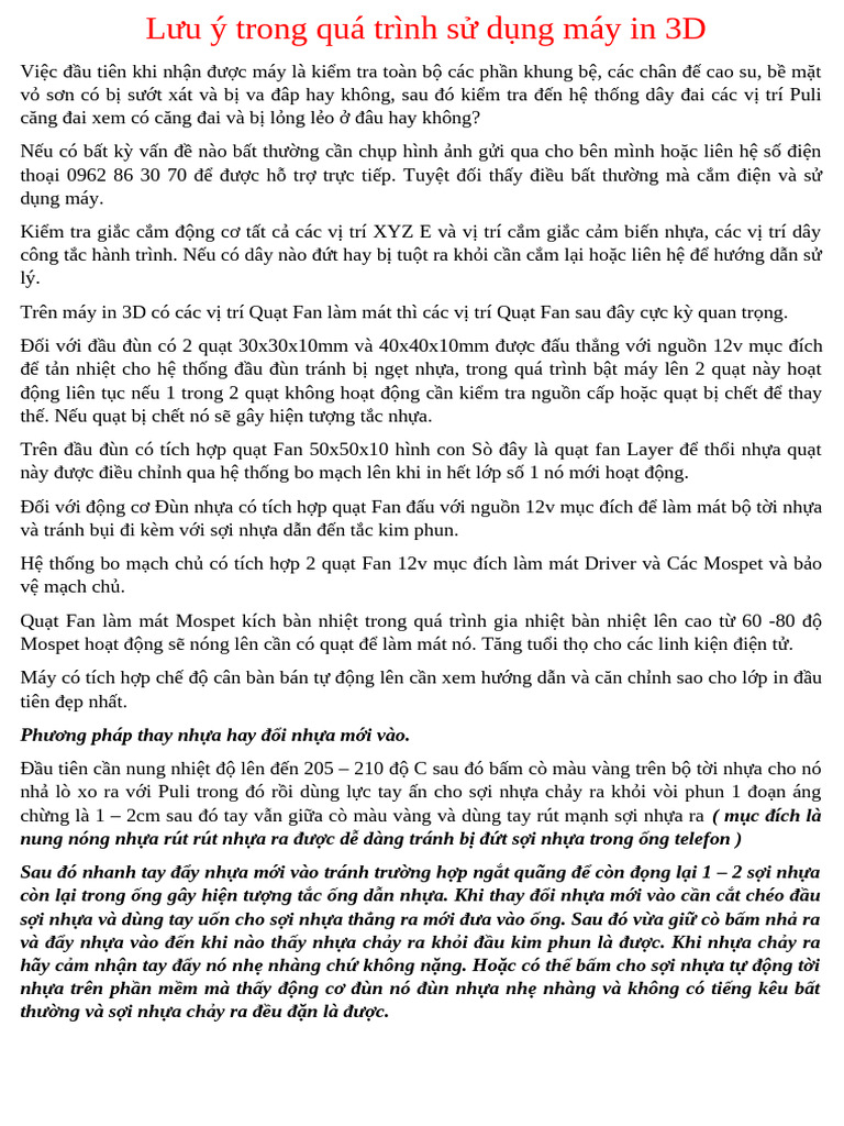 Lưu Ý Trong Quá Trình S D NG Máy in 3D | PDF