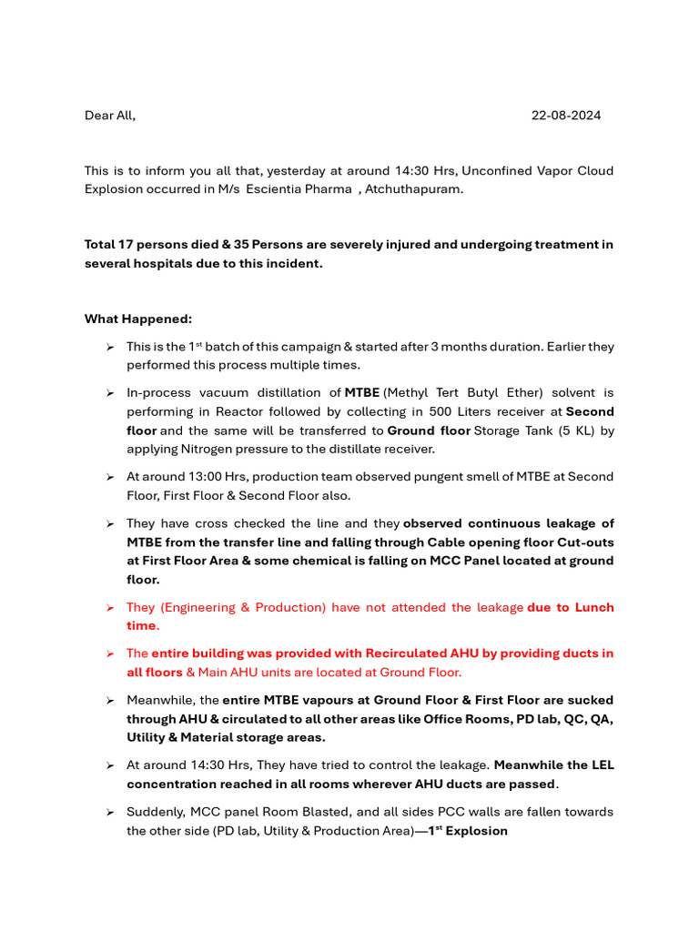 Escientia Pharma Explosion Incident Report | PDF