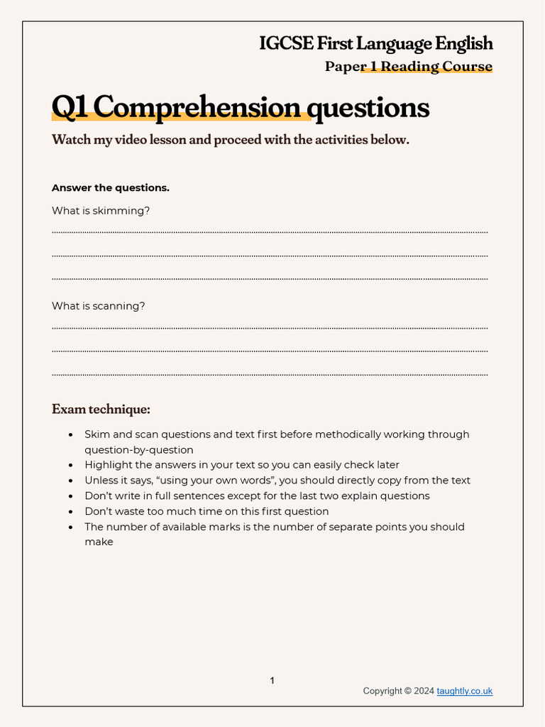 Paper 1 Comprehension Worksheet | PDF