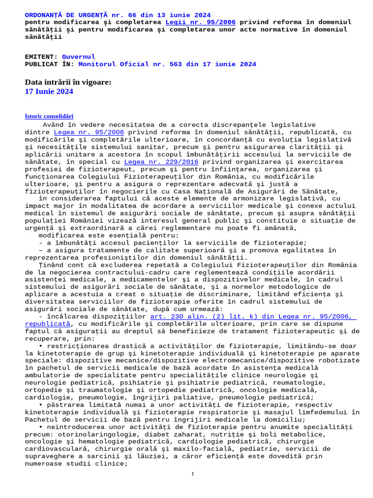 OUG Nr. 66 Din 2024 Pt. Modificare Si Completare Lg. Nr. 95 DN 2006 Si ...