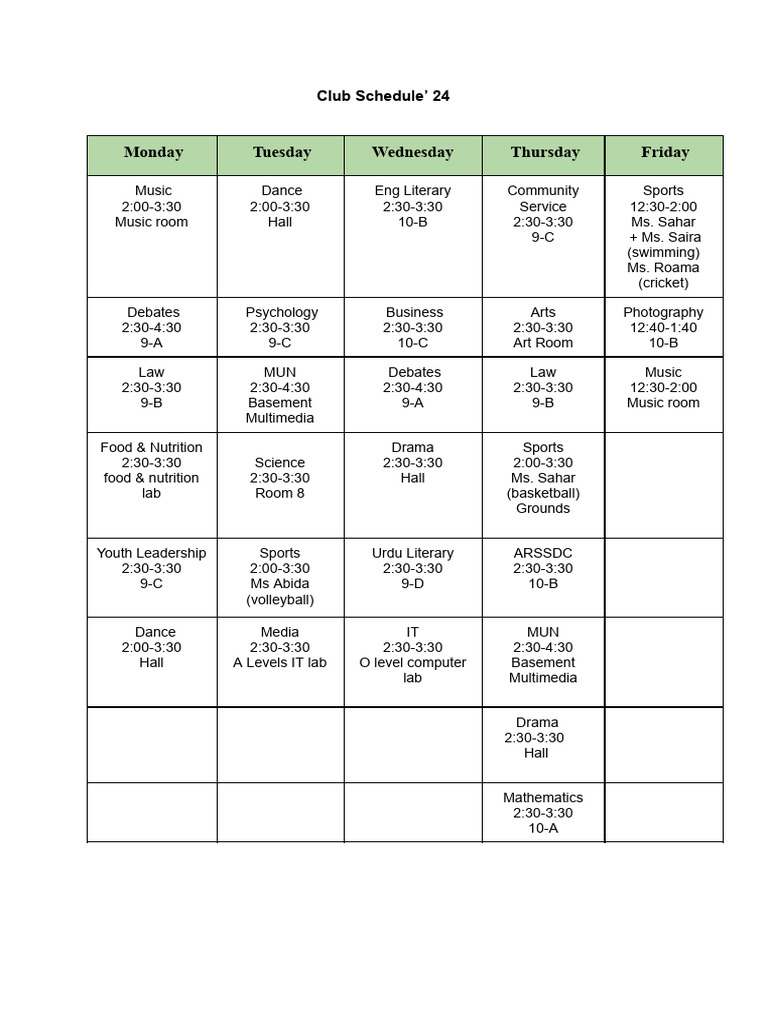 Club Schedules'24 | PDF