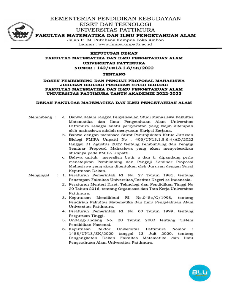 A.5.1.1. Pembimbing Dan Penguji Proposal Tugas Akhir No. 142 TGL 07-09-2022 | PDF