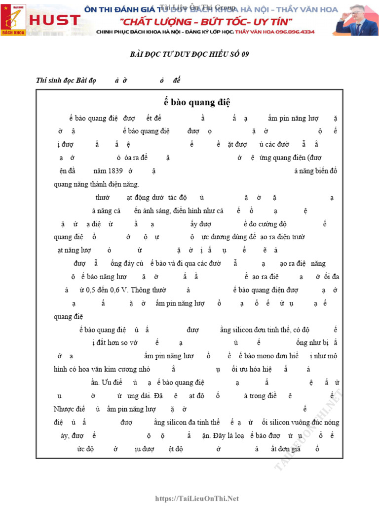 TSA.2024.TƯ DUY ĐỌC HIỂU BÀI 09 (ĐỀ) | PDF