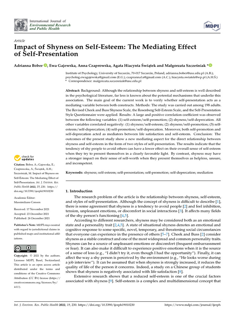 Impact of Shyness On Self-Esteem: The Mediating Effect of Self-Presentation | PDF | Shyness ...