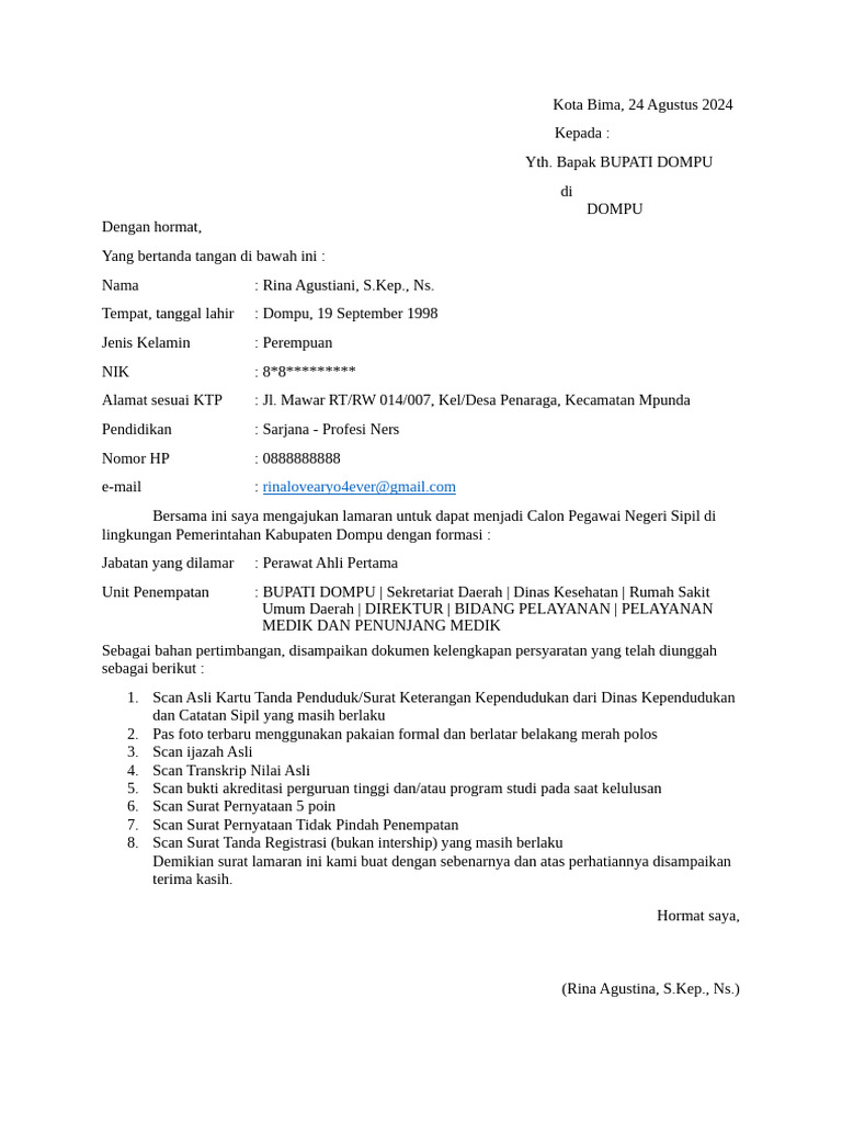 Contoh SURAT LAMARAN CPNS 2024 | PDF