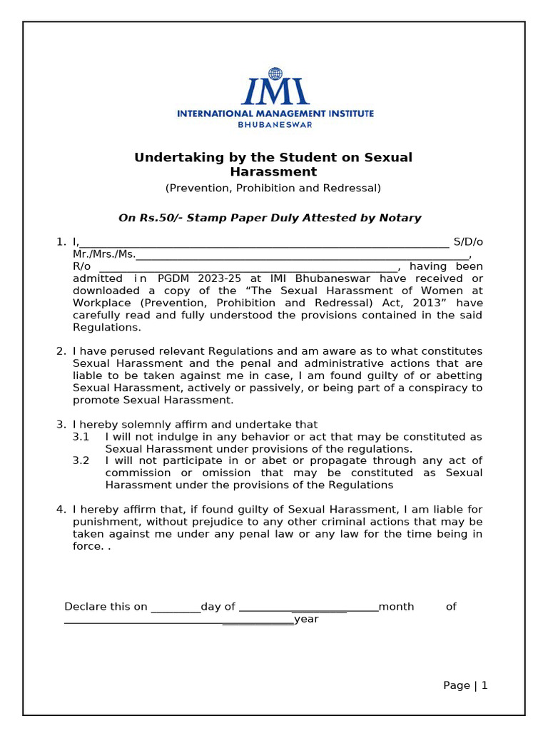 Undertaking by The Student On Sexual Harassment | PDF