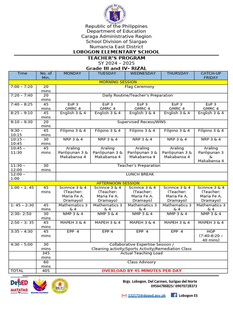 Class Program Grade 3 4 Cariaga Matatag Kto12 Pdf
