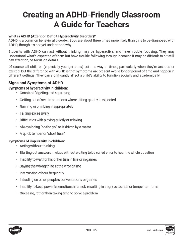 Us t3 S 134 Creating An Adhd Friendly Classroom Guide - Ver - 1 | PDF