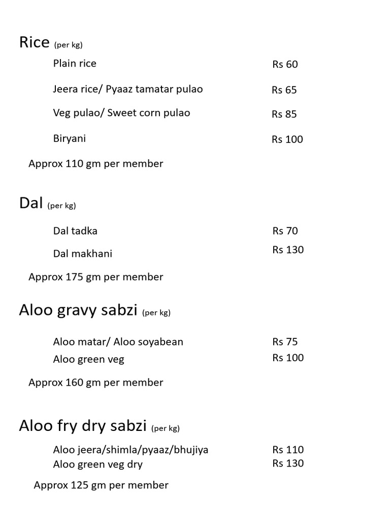 Rate List Mess Menu | PDF