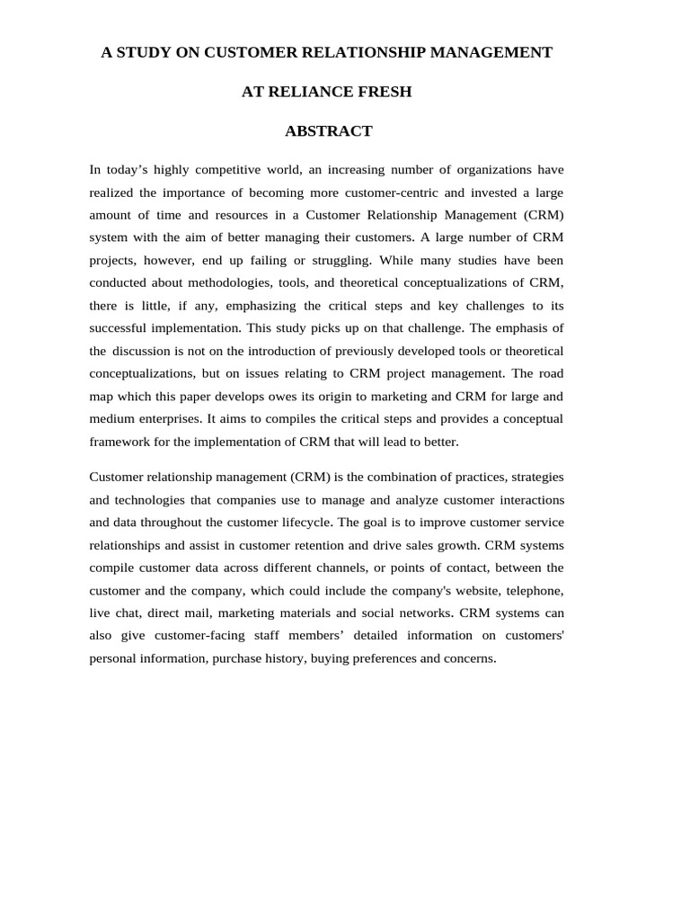 Reliance Fresh 4th Sem Report | PDF