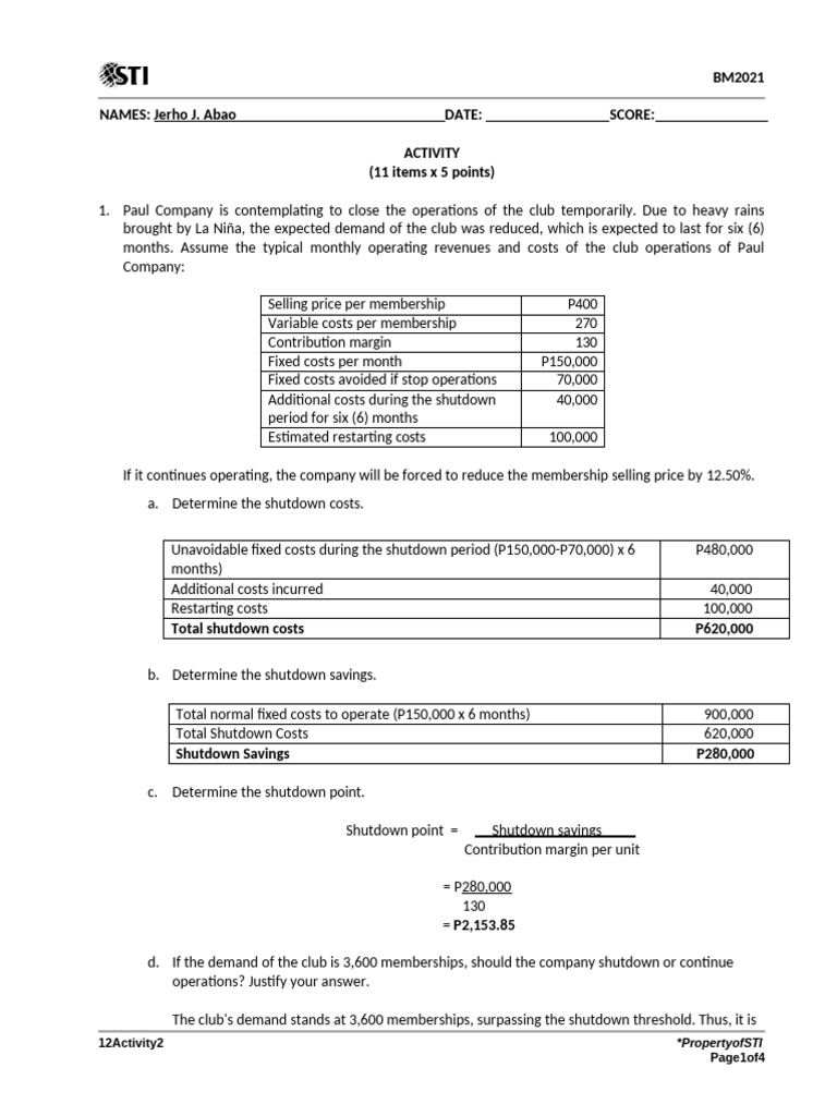 Abao - 12 Activity 2 - Cost | PDF