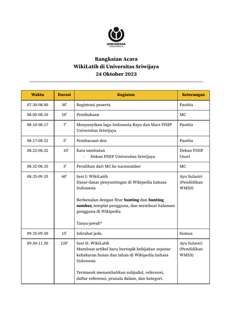 (WMID) Rangkaian Acara WikiLatih UNSRI | PDF