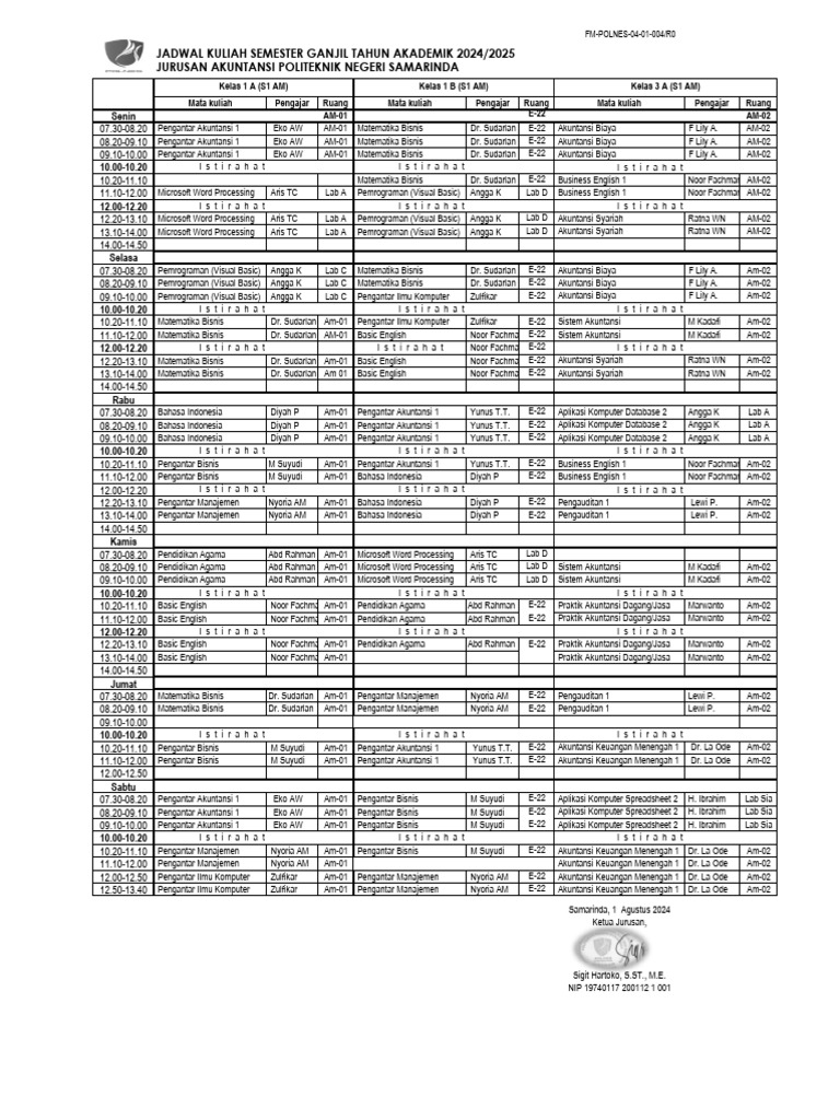 Jadwal Perkuliahan Prodi AM (Ganjil 2024-2025) | PDF