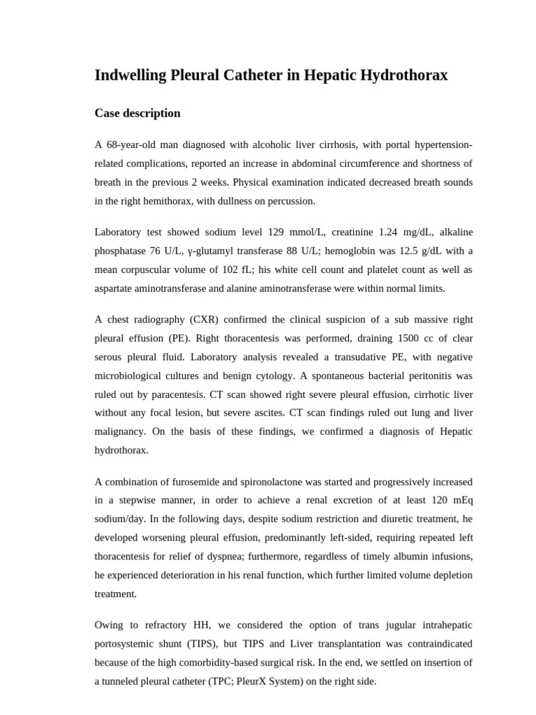 Indwelling Pleural Catheter in Hepatic Hydrothorax: Case Description | PDF