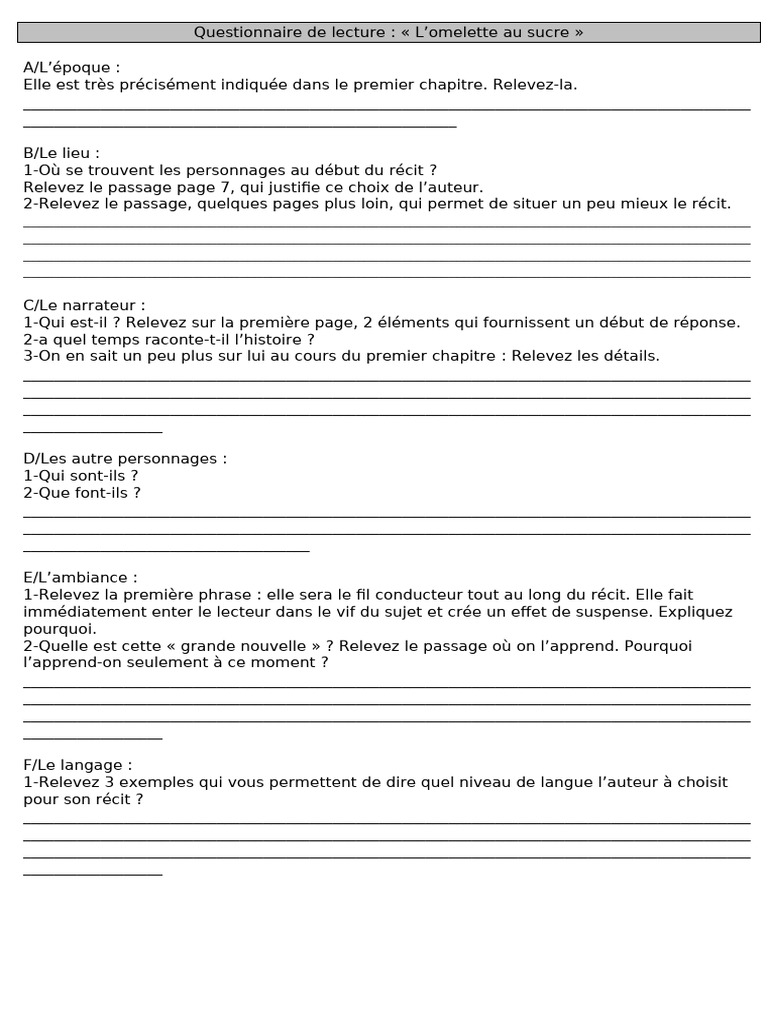 Questionnaire Lecture L'omelette Au Sucre 1 | PDF