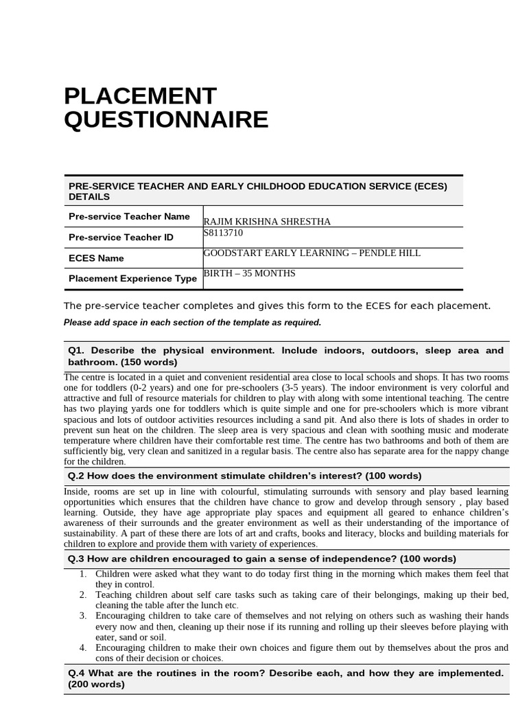 6013 Placement Questionaire | PDF