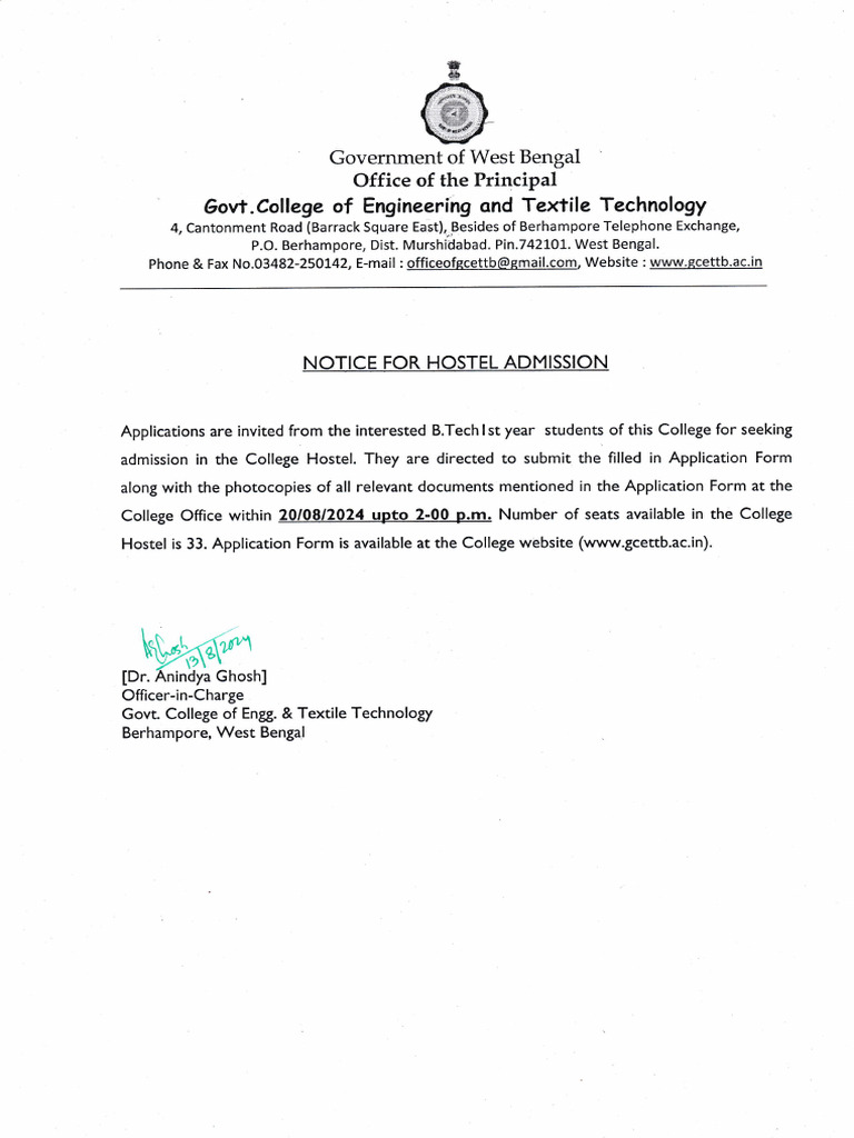Notice - Hostel Admission | PDF