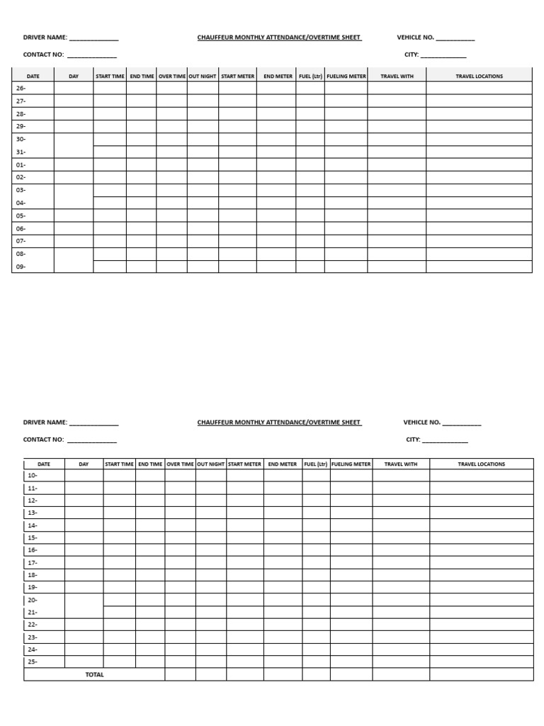 Driver Monthly Attendance Sheet | PDF | Business