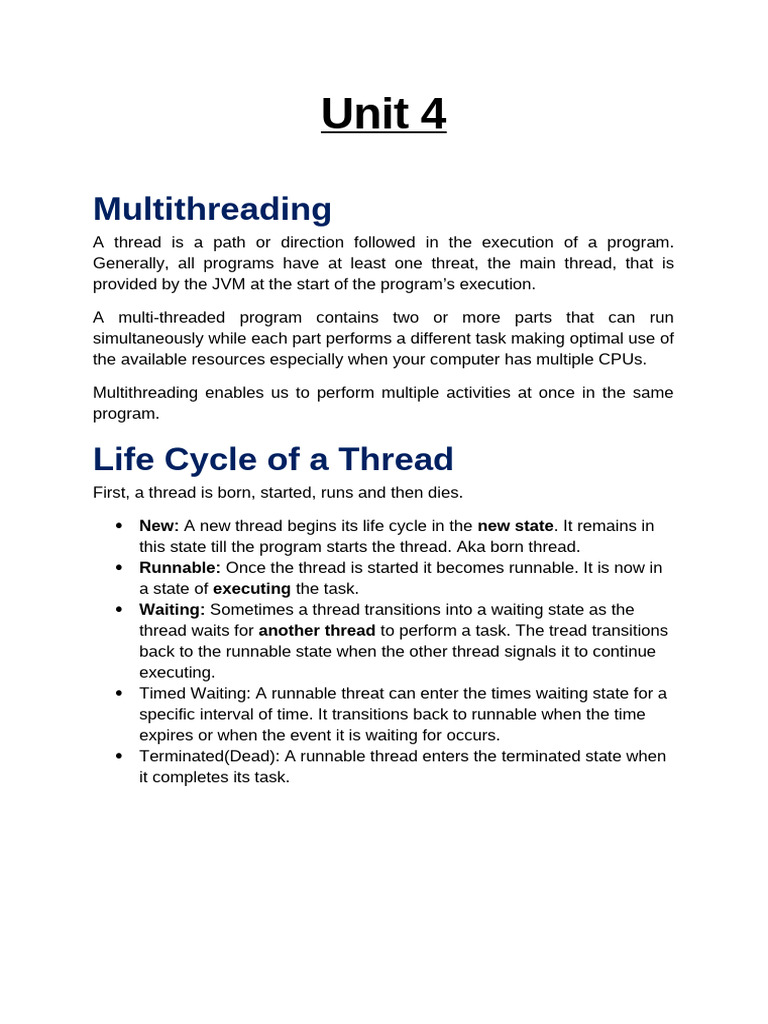 Unit 4 - Multithreaded Programming | PDF