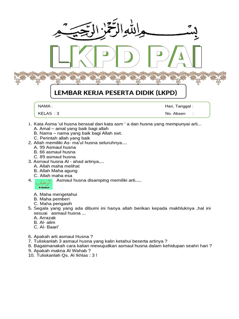 LKPD Pai Kelas 3 KD 3.4 | PDF