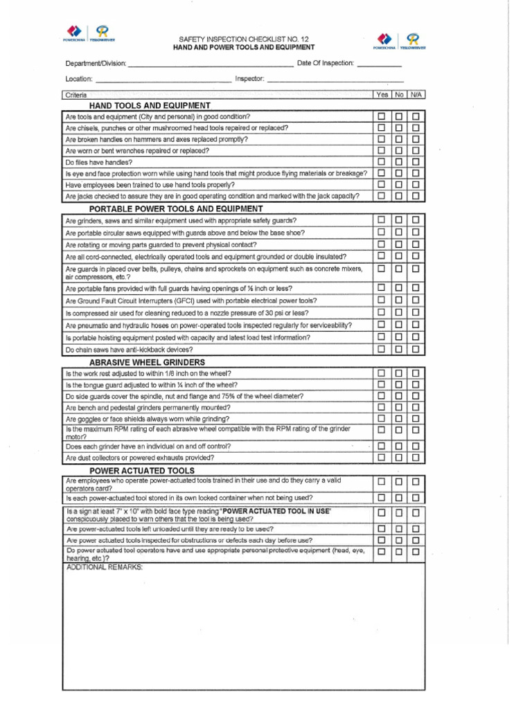 Portabla Hand and Power Tools Checklist | PDF