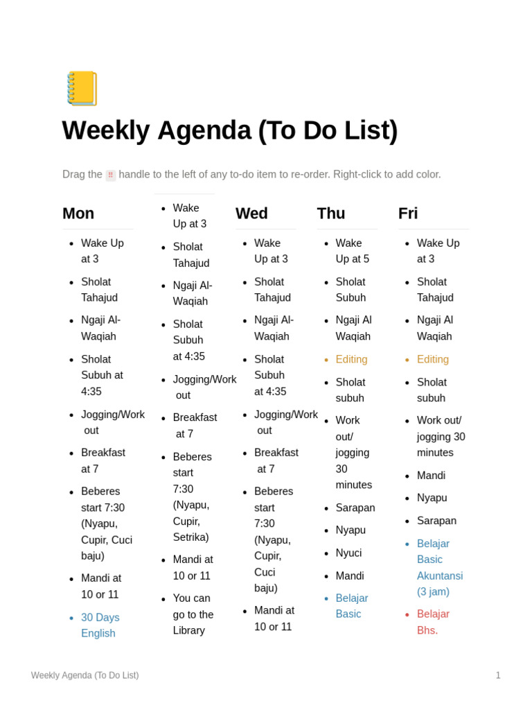 Weekly Agenda (To Do List) | PDF