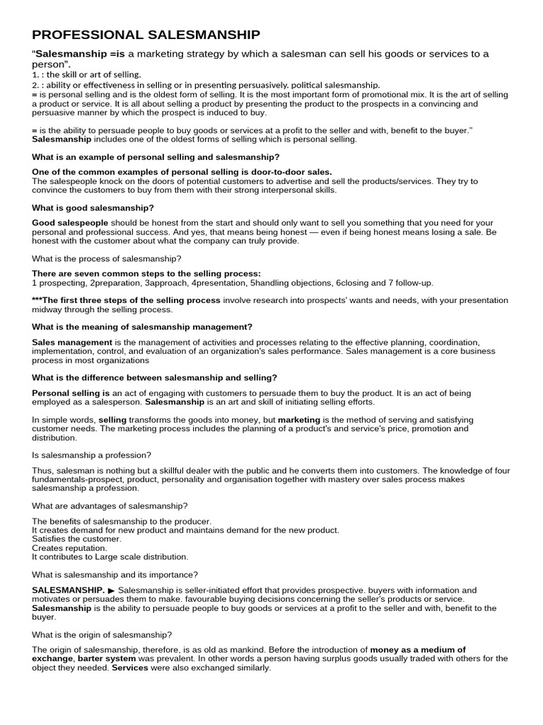 Professional Salesmanship Prelim | PDF