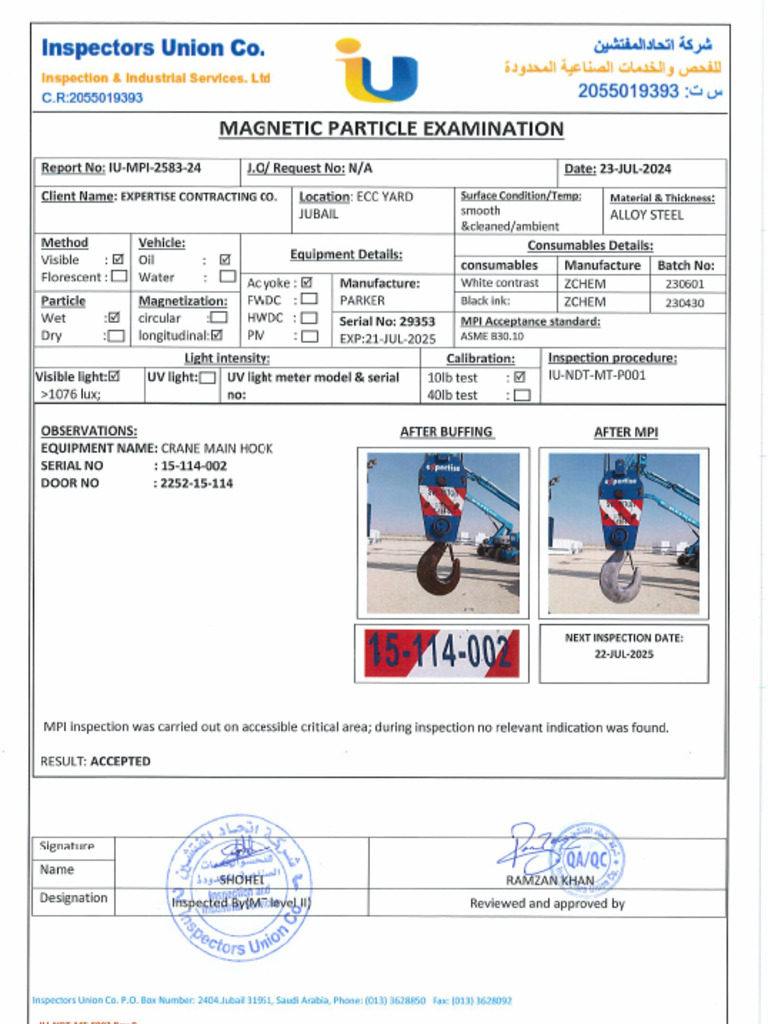 Crane 15-114, Mpi Report | PDF