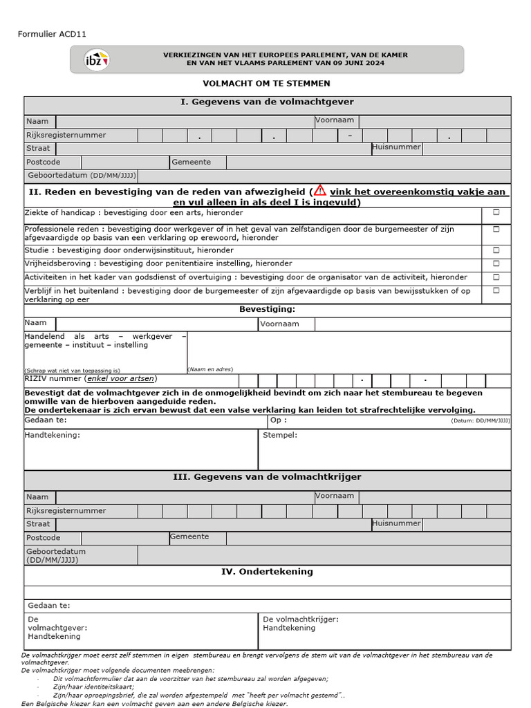 Formulier ACD11 Volmachtformulier 09 Juni 2024 Vlaanderen | PDF