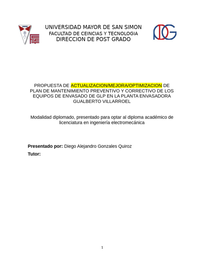 Universidad Mayor de San Simon Direccion de Post Grado: Presentado Por ...