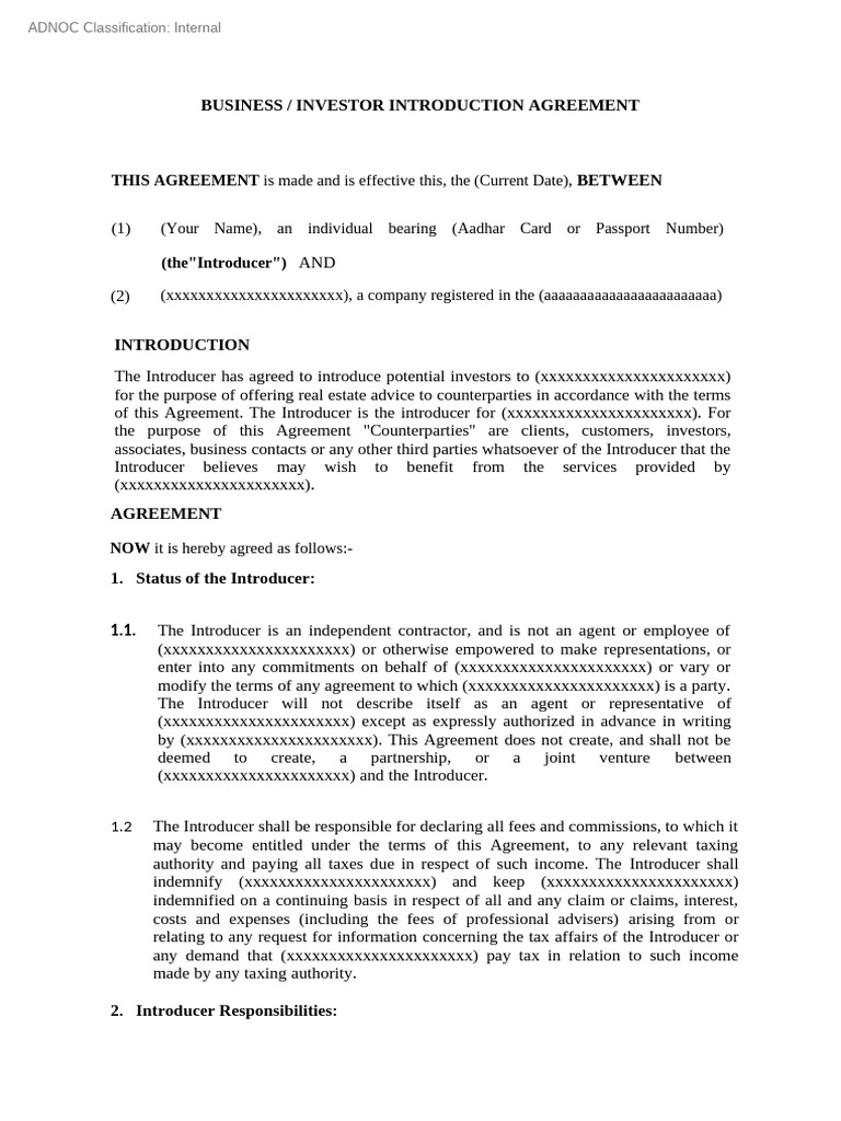 Investor Introduction Agreement Template | PDF | Bankruptcy | Private Law