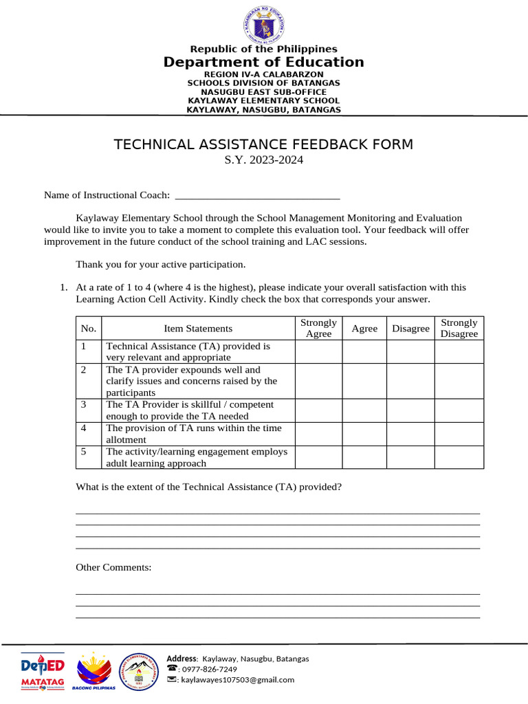 Technical Assistance Feedback Form | PDF | Cognition