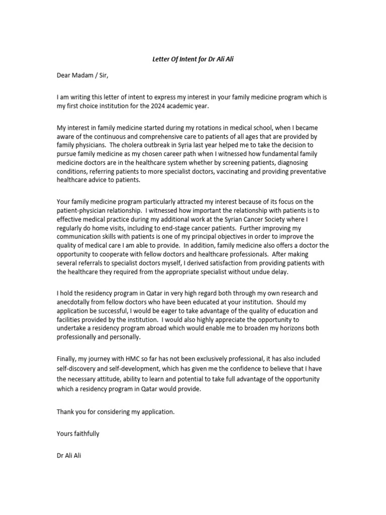 Dr. Ali Ali's Family Medicine Intent Letter | PDF | Family Medicine ...