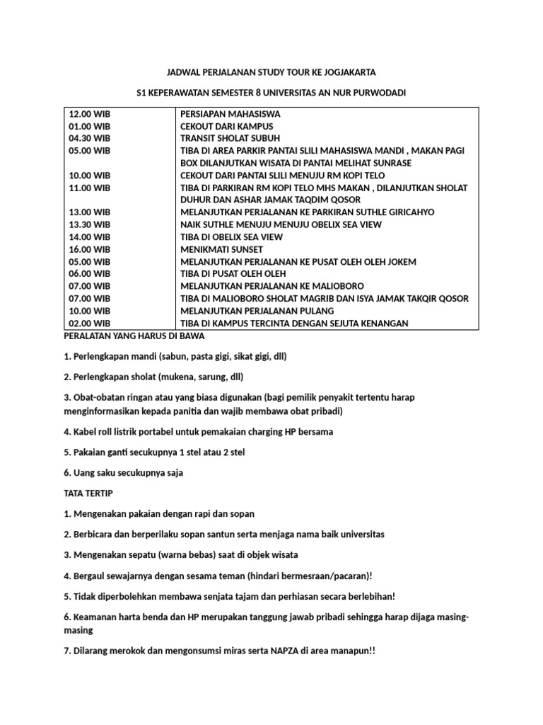 Jadwal Perjalanan Study Tour Ke Jogjakarta | PDF