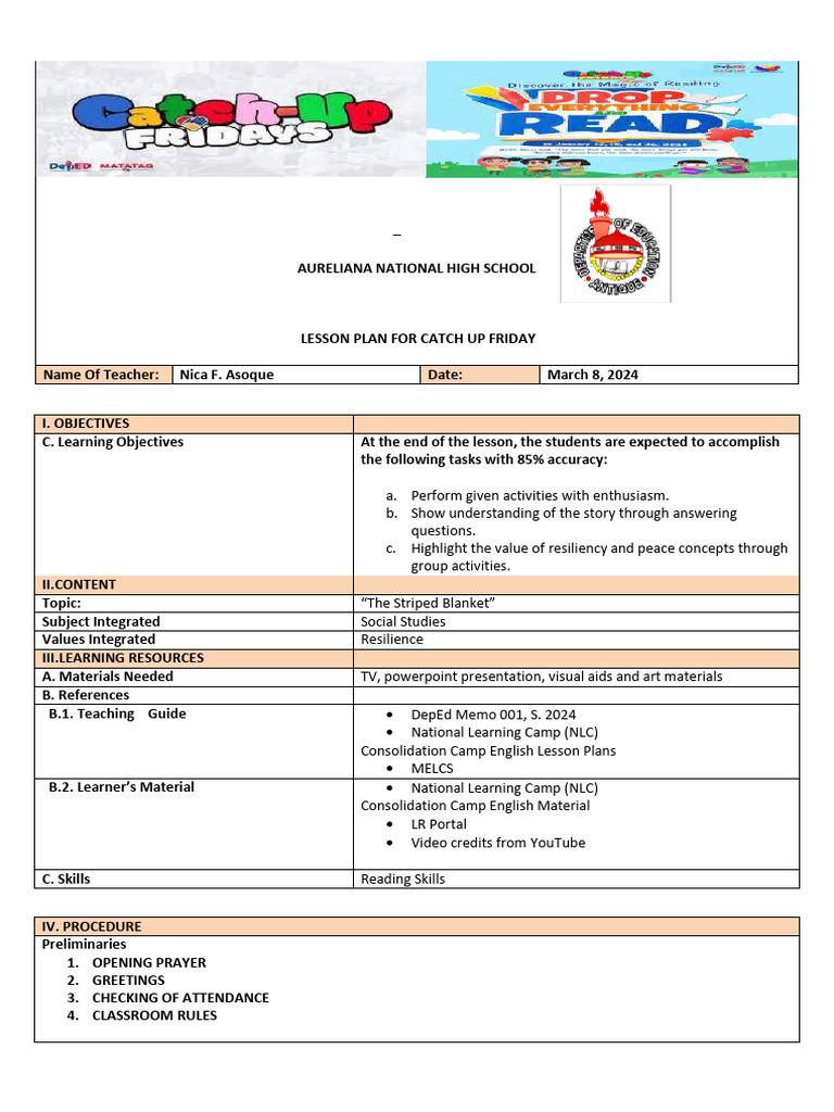Catch Up Friday Lesson Plan With Intervention Conso and Enhancement ...