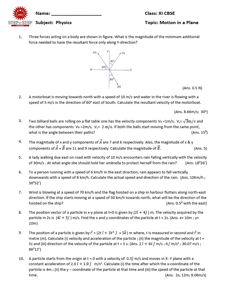 Worksheet 1 XI Motion in A Plane | PDF