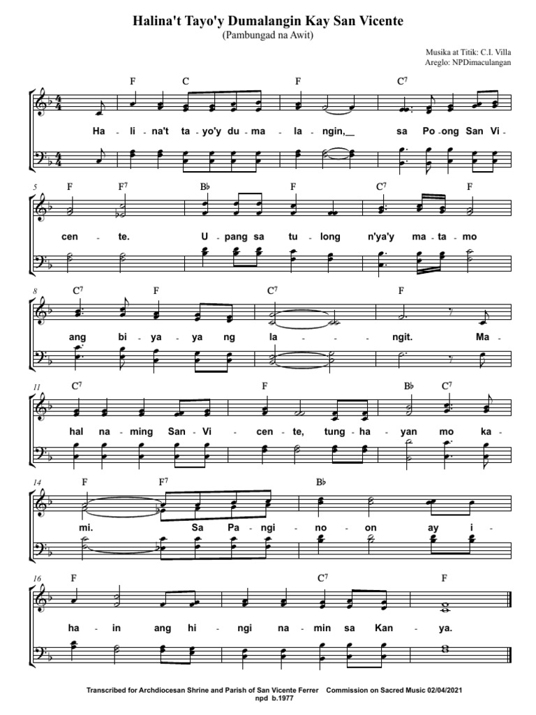 Halina't Tayo'y Dumalangin Kay San Vicente SATB | PDF