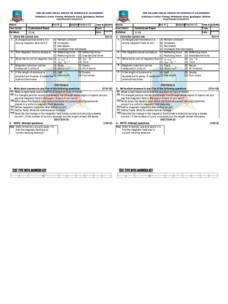 2nd Year Physics Test | PDF | Magnetic Field | Force