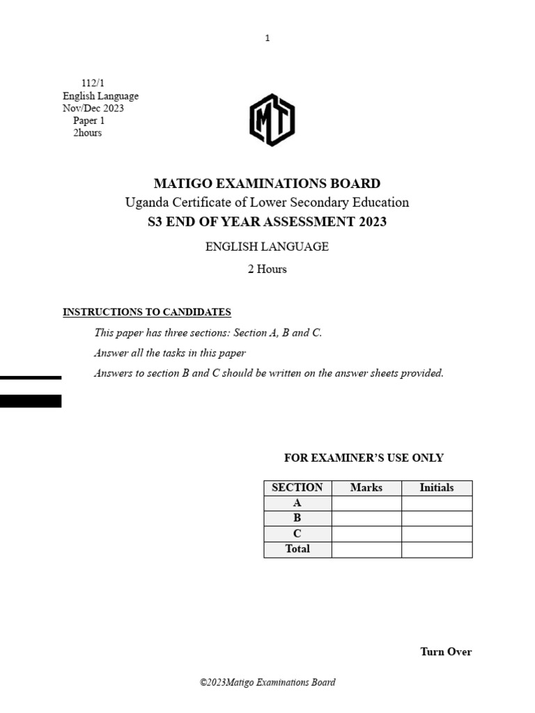 Matigo S3 Eng PP1 2023 | PDF