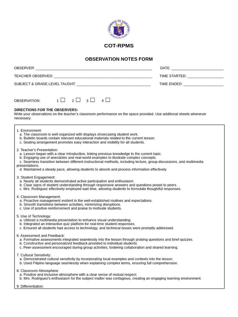 5.1 Observation Notes Sample #1 | PDF
