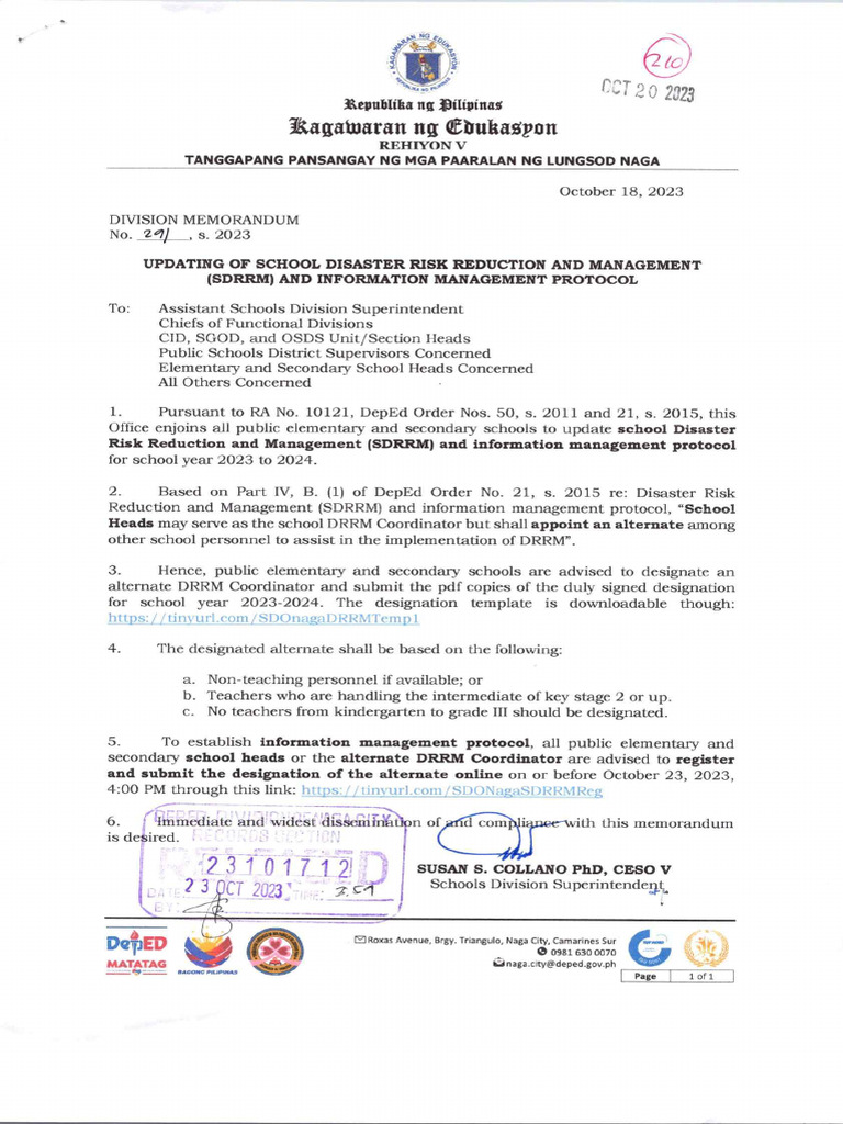 DM No. 291, S. 2023 Updating of School Disaster Risk Reduction and Management (SDRRM) and ...