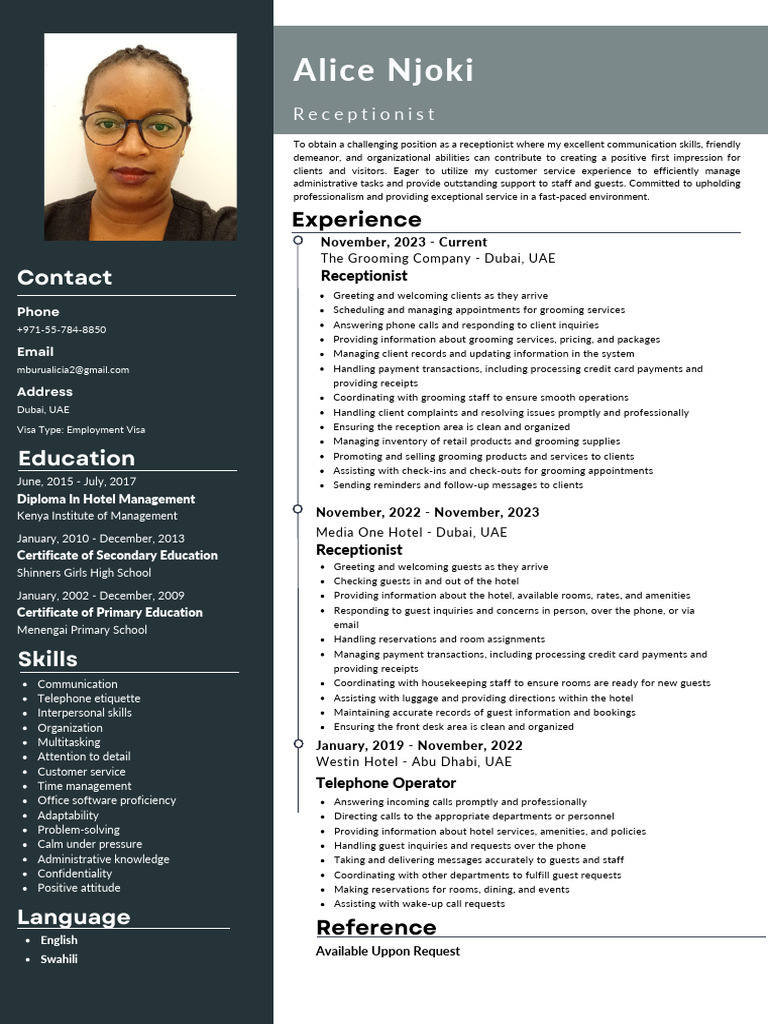 Receptionist - Alice Njoki | PDF