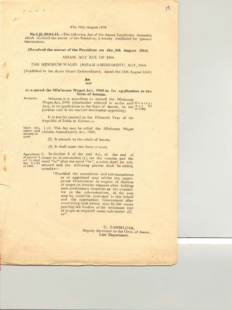 The Minimum Wages (Assam Amendment) Act, 1964. 0 | PDF | Government ...