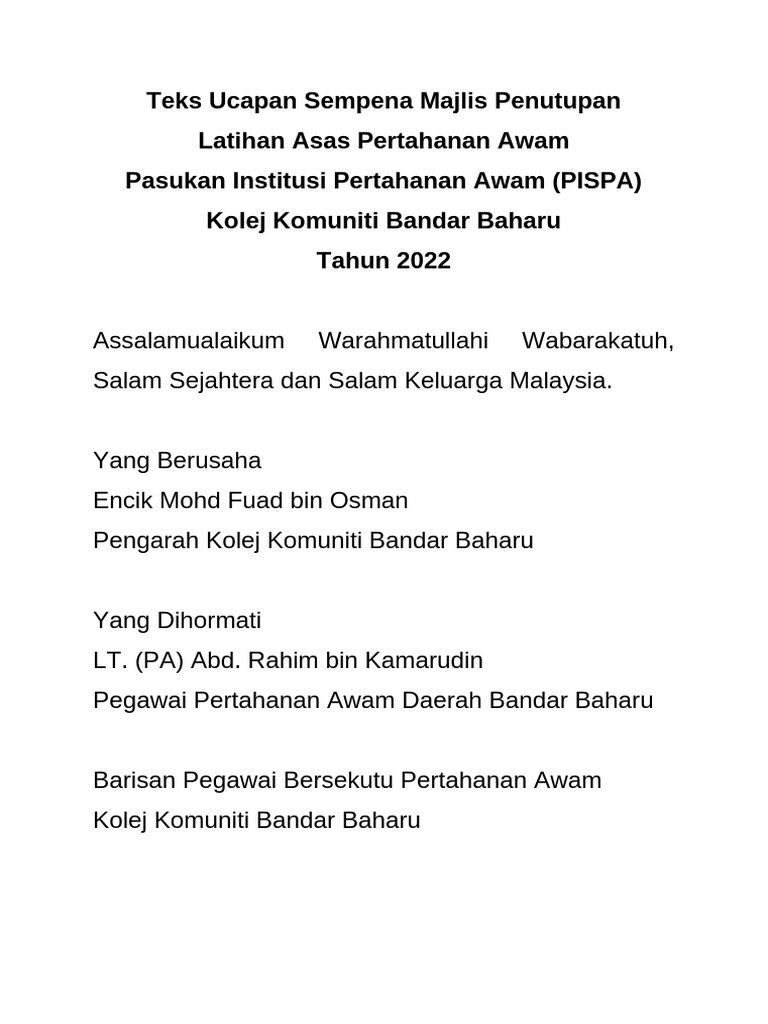 Teks Ucapan Sempena Perasmian Penutupan Latihan Asas PISPA | PDF