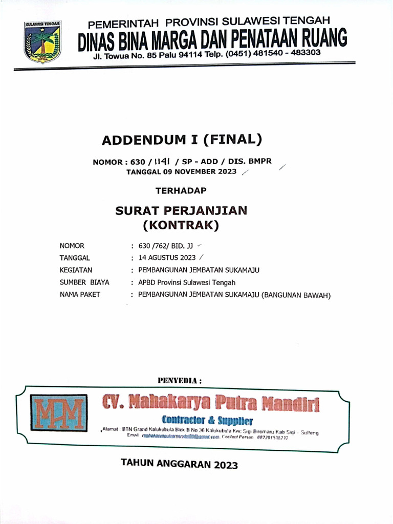 Addendum I (Final) Pembangunan Jembatan Sukamaju (Bangunan Bawah) | PDF