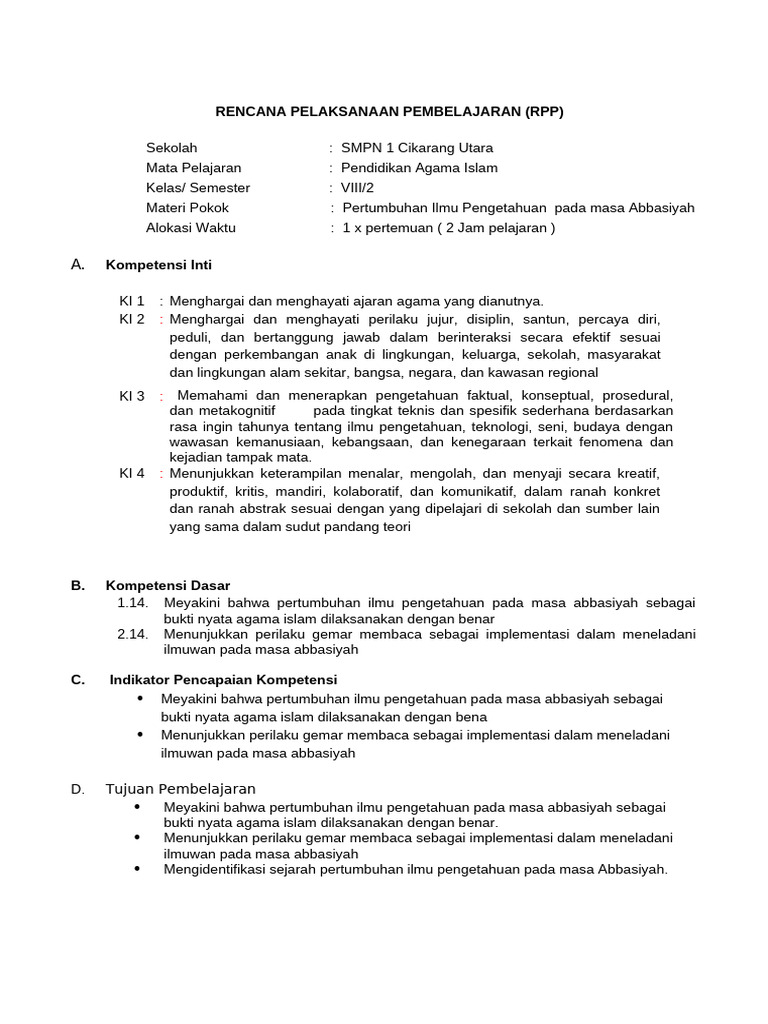 RPP Bab 1 Pertemuan Pertumbuhan Ilmu Pengetahuan Pada Masa Abbasiyan | PDF