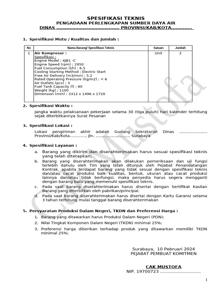 CONTOH_dokumen Spesifikasi Teknis Air Compressor_Cak Mustofa | PDF