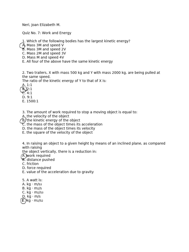 FEU Quiz No. 7 Work and Energy | PDF